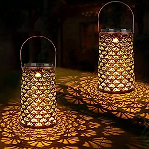MZD8391 2 Pack Solar Lantern Lights Outdoor, Decorative Waterproof Garden Hanging Lights Metal LED Retro Lamp for Patio, Backyard, Deck, Garden, Porch, Pathway, Courtyard Balcony (Amber + White)