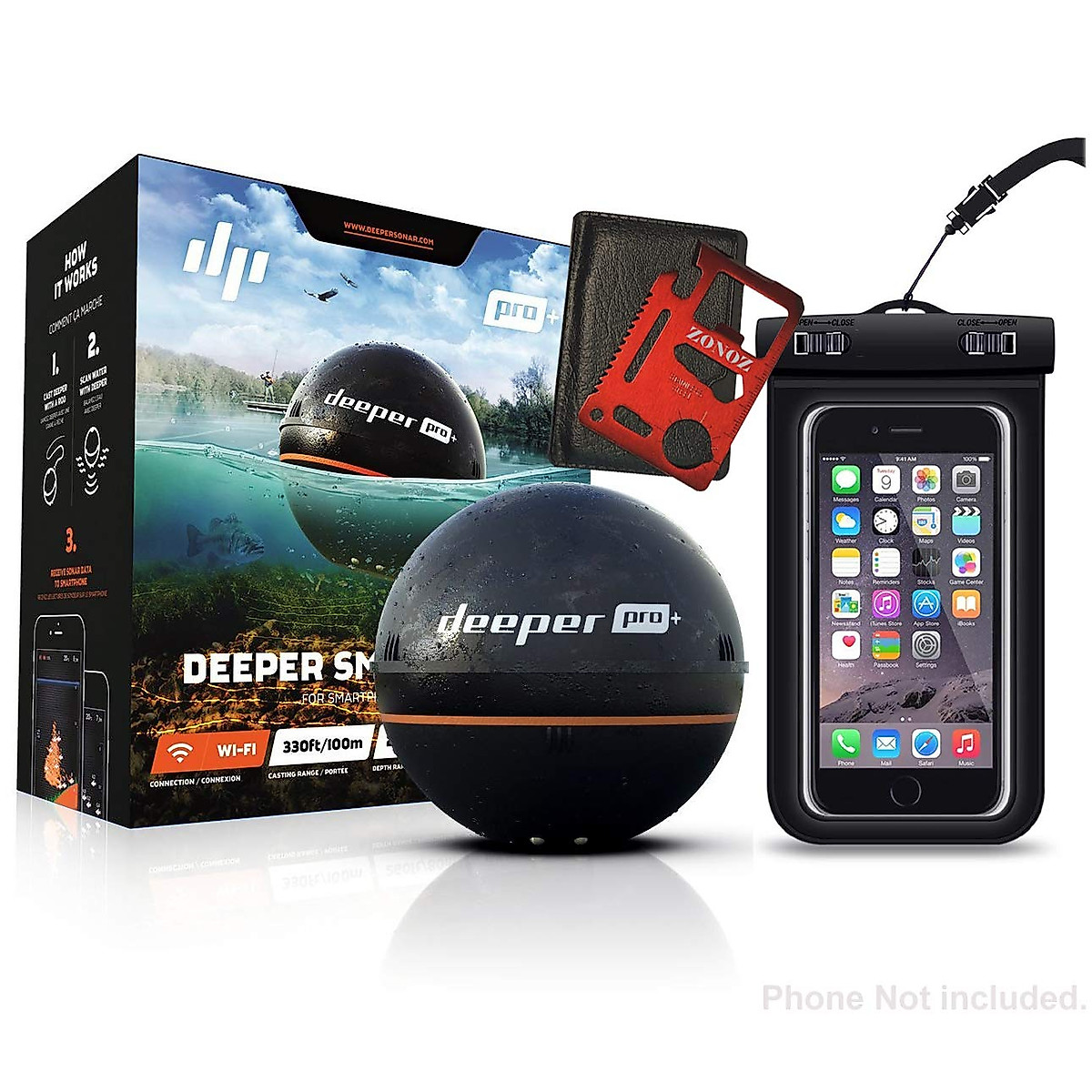 Deeper Smart Sonar PRO+ Series, 2.55", Black - GPS, Wi-Fi Connected Wireless, Castable, Portable Smart Fishfinder for iOS & Android Devices, Z-Tool & Universal Waterproof Cellphone Case (Bundle)