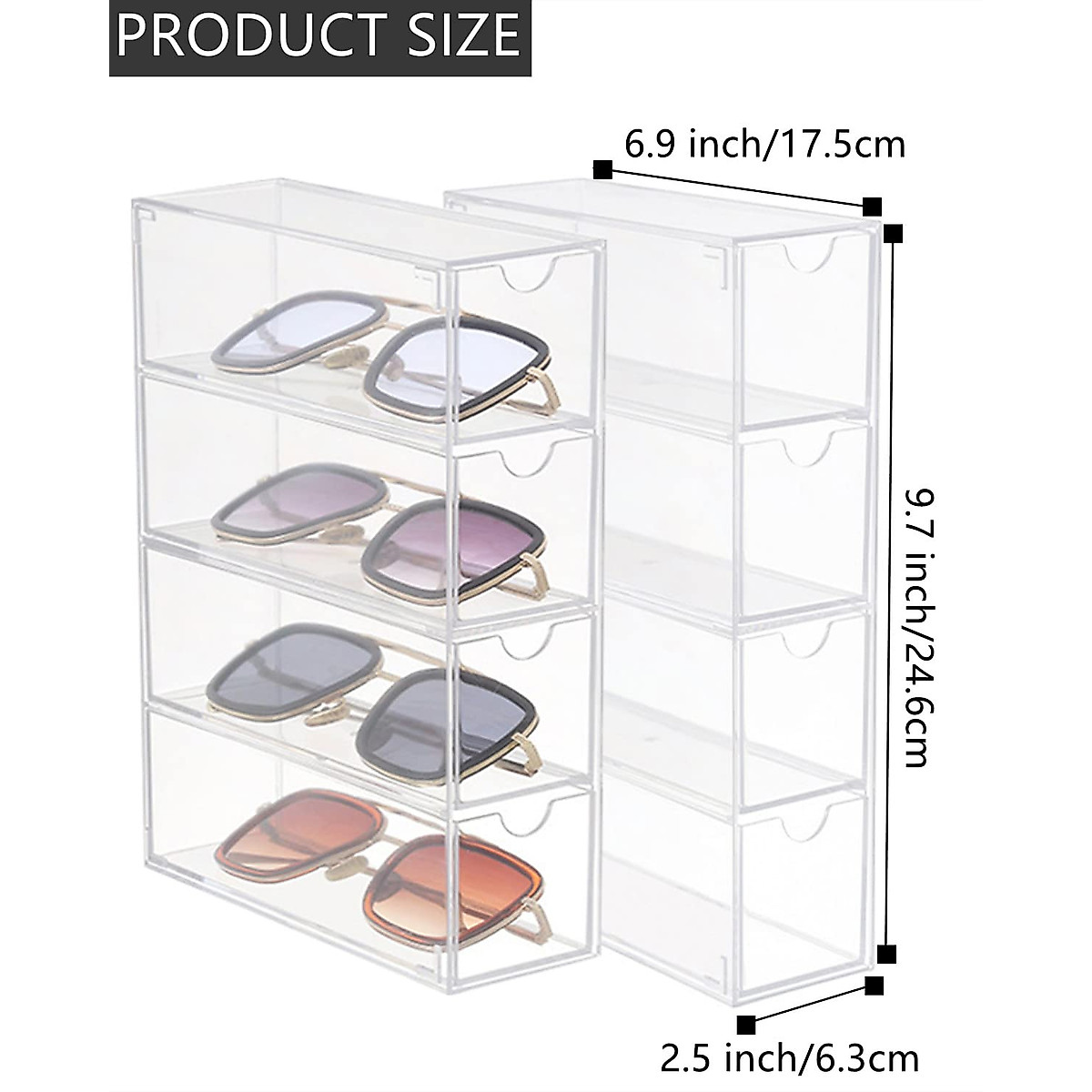 4 Drawers Acrylic Stackable Sunglasses Organizer, Clear Glasses Case Storage Organizer, Dust Proof & Waterproof Acrylic Drawers Sunglasses Storage Organizer for Dresser, Bedroom, Desk
