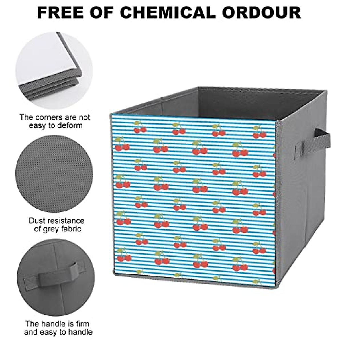 Cherries Pattern with Blue Stripes Storage Bins Cubes Foldable Fabric Organizers with Handles Clothes Bag Book Box Toys Basket for Shelves Closet 10.6"