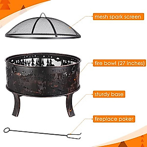 Portable Fire Bowl 27 Inch Fire Pit, Outside Fire Pit, Garden Fireplace with Spark Guard, Poker & Charcoal Grate, Fire Pits for Patio Camping Backyard Balcony, Elk Pattern