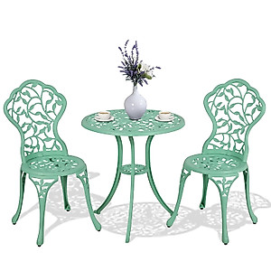 Verano Garden 3 Piece Outdoor Bistro Set, Rust-Resistant Cast Aluminum Patio Bistro Set Antique Finish, Weather Resistant Patio Table and Chairs, Outdoor/Indoor Use, Teal