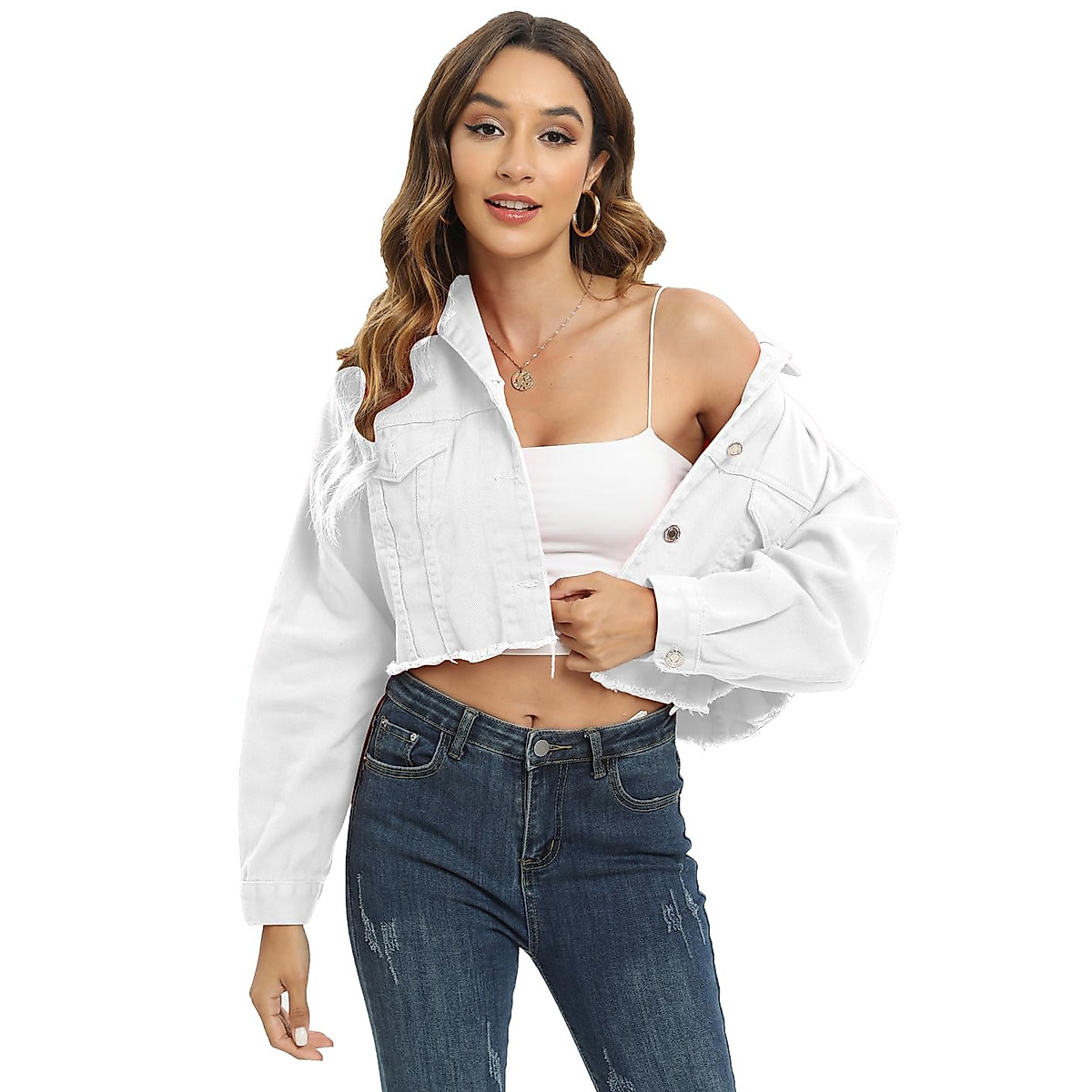 Gacaky Womens Casual Solid Color Ripped Distressed Cropped Denim Jean Jacket Coat With Frayed Hem White S