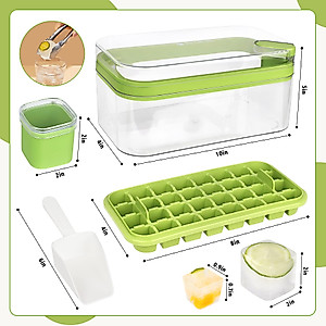 CTSZOOM Ice Cube Tray with Lid and Bin &Scoop, 64 pcs Ice Cubes Molds 2 Trays, Ice Cube Tray Mold for Freezer with One Large Square Ice Cube Molds for Whiskey, Cocktail (Green)
