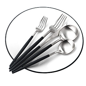Gugrida Black Silver Flatware, Royal 5 Piece Matte Black Handle 18/10 Stainless Steel Tableware Sets for 1 Including Forks Spoons Knives, Camping Silverware Travel Utensils Set Cutlery Black/Silver