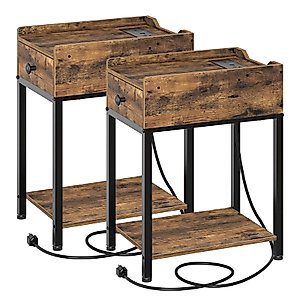 YATINEY Narrow Side Table with Drawer, Nightstand Set of 2 with Wireless Charging Station, End Table for Small Spaces, Non-Woven Fabric Drawers, for Living Room, Bedroom, Rustic Brown ET04L2BR