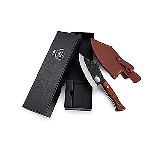 Purple Dragon Meat Cleaver Boning Knife Hand Forged Butcher Chef Knife Fillet Knife High Carbon Steel Full Tang with Leather Sheath Outdoor Knife for Kitchen Camping BBQ