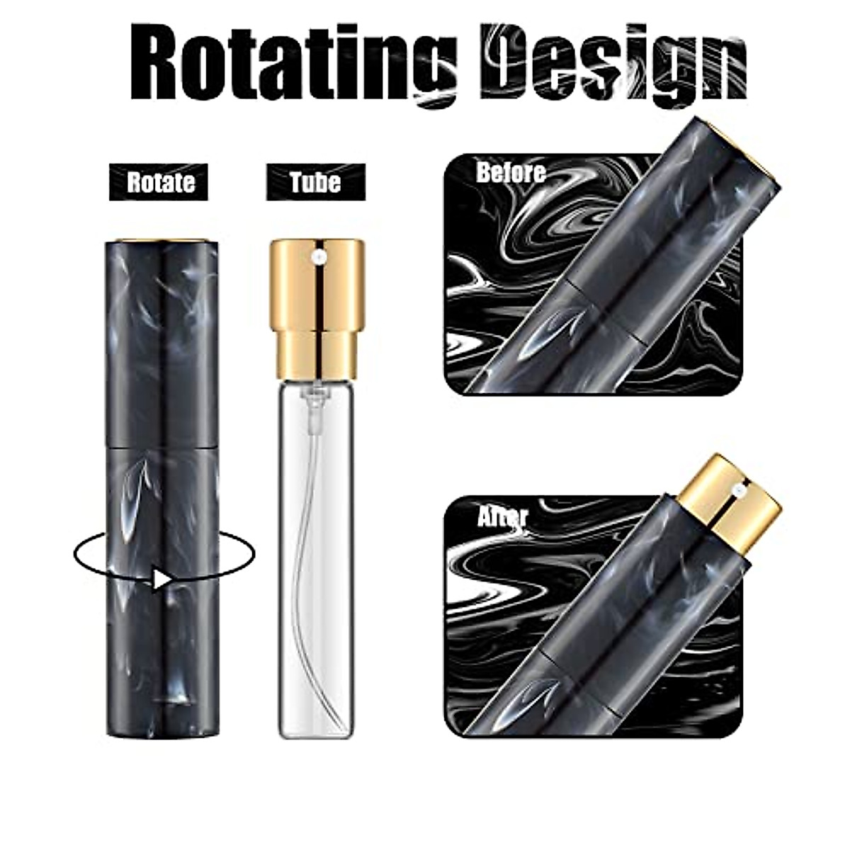 10ML Mini Perfume Atomizer Bottle, Refillable Travel Size Empty Perfume Sprayer with Funnel, Distributor, Dropper, Marble Pattern Portable Spray Bottle for Women&Men ( Black&Green&Blue&White,4 PCS )