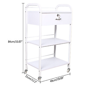 3-Tier Rolling Utility Cart with Wheels,White Mobile Esthetician Cart Trolley with Single Lockable Drawer,Medical Den-tal Serving Cart Trolley Steel Serving Cabinet & Kitchen Cart,Load 33LBS