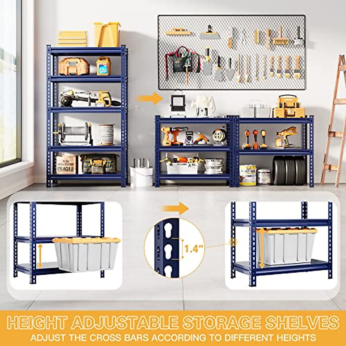 REIBII Garage Shelving Heavy Duty Storage Shelves Loads 1690 LBS, Adjustable Metal Shelving Units and Storage Metal Shelves for Storage Rack Shelf for Garage,Basement 32" W x 17" D x 72" H,Blue