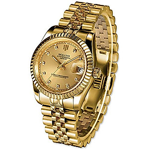 HOLUNS Mens Full Gold Watch Automatic Mechanical Gilded Steel Self-Wind Sapphire Glass Dress Waterproof Watch (Gold)