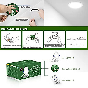 zouzai 12 Pack 4 Inch 5CCT Ultra-Thin LED Recessed Ceiling Light with Junction Box, 2700K/3000K/3500K/4000K/5000K Selectable, 9.5W 80W Eqv, Dimmable, led can Lights - ETL Certified