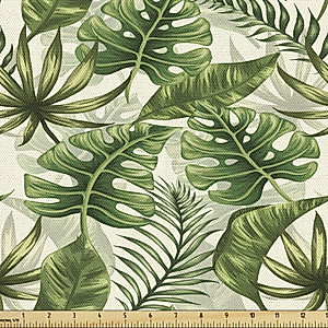 Lunarable Tropical Fabric by The Yard, Rainforest Island Jungle Foliage Pattern Green Leaves Retro Nature, Decorative Fabric for Upholstery and Home Accents, 1 Yard, Olive Green