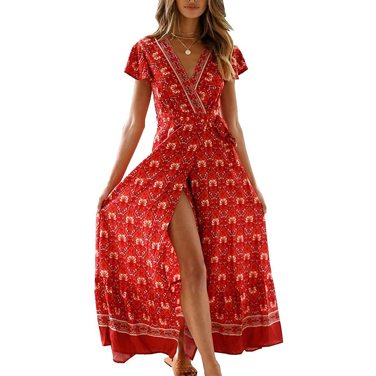 PRETTYGARDEN Women's Casual Long Summer Dresses Boho Floral Wrap V Neck Short Sleeve Split Maxi Beach Dress (Red -1,Medium)