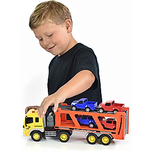 Sunny Days Entertainment Maxx Action 17’’ Vehicle Transport with 4 Diecast Trucks – Bright Lights and Car Sounds | Friction Powered Trailer | 6 Piece Toy Playset for Kids