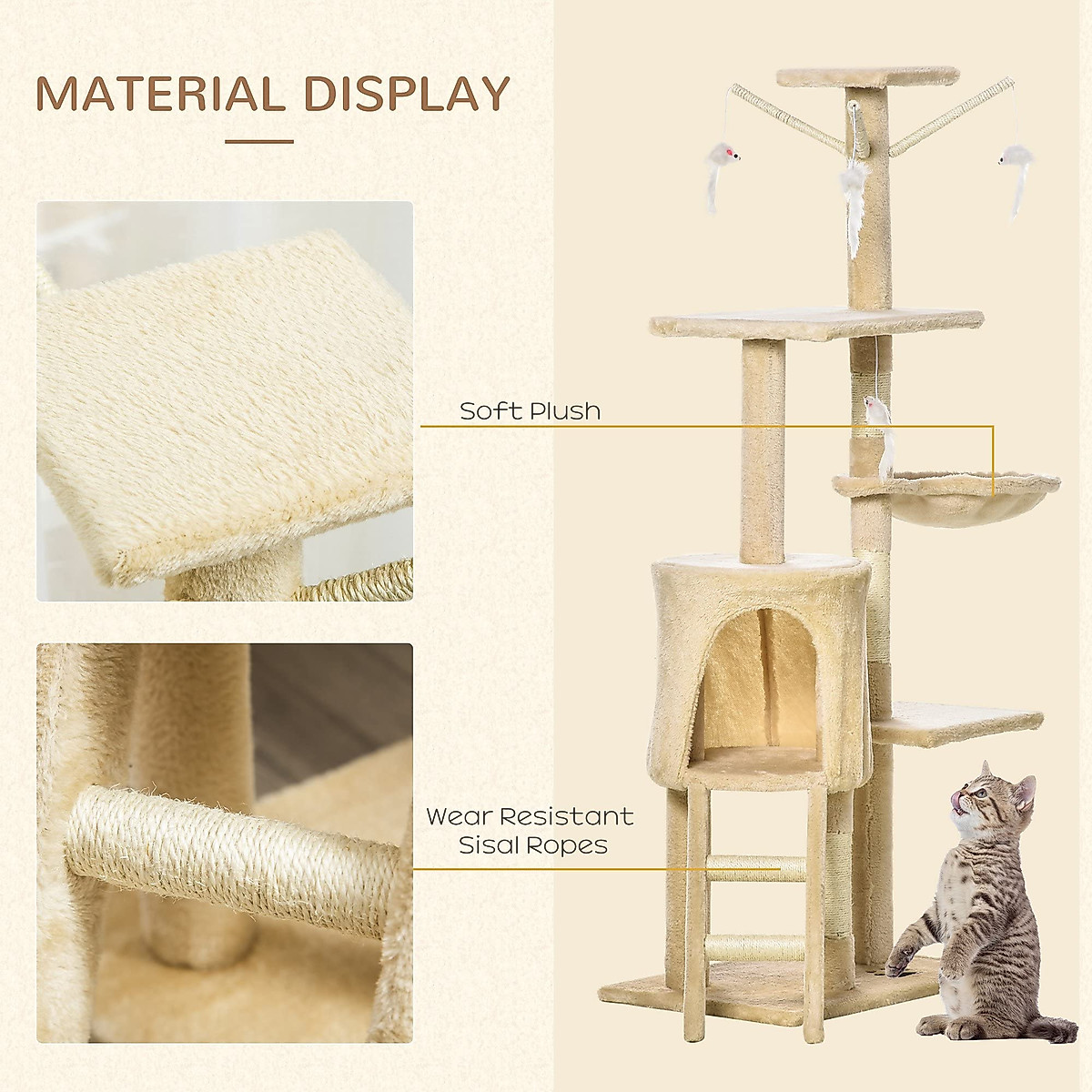 PawHut 53" Plush Sturdy Interactive Cat Condo Tower Scratching Post Activity Tree House - Beige