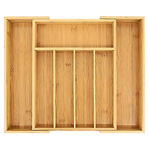 VaeFae Bamboo Silverware Organizer, Expandable Kitchen Drawer Organizer for Cutlery, Wooden Utensil Holder, Multi-Function Drawer Storage, 5-7 Compartments