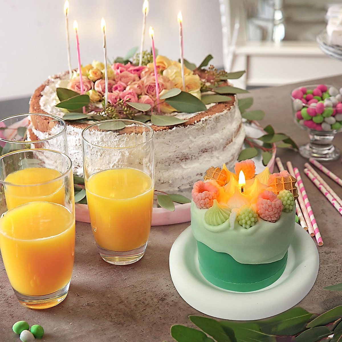 Realistic Birthday Cake Shaped Scented Candles with Raspberries Cookies and Green Cream, Novelty Birthday Gift for Friend and Bestie