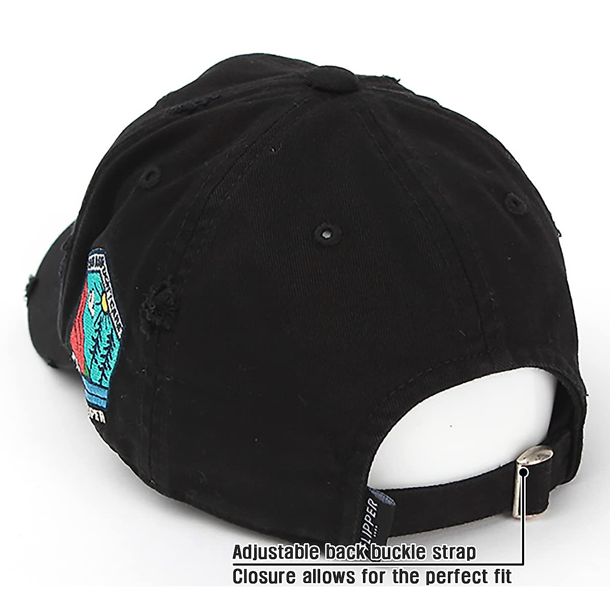 Flipper Adventurer Logo Washed Cotton Vintage Bullet Holes Distressed Baseball Cap Dad Hat Ballcap (Medium ~ Large, Black)