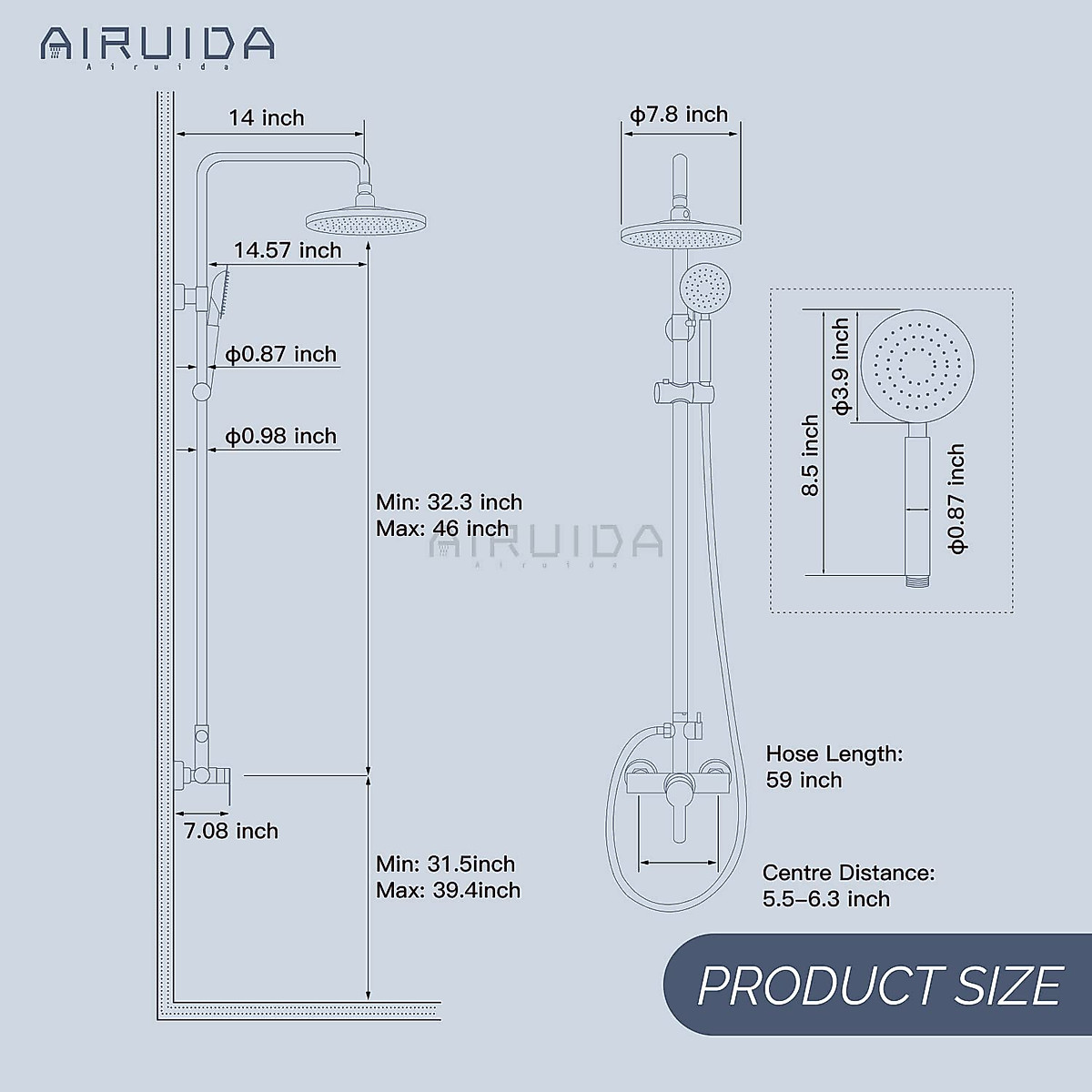 Airuida SUS304 Outdoor Shower Fixture Brushed Nickel Exposed Shower Faucet Combo Set Single Handle 8 Inch Thicken Rainfall Showerhead With Handheld Spray Wall Mount Dual Functions