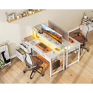 AODK 48-Inch Computer Desk with Fabric File Cabinet and Fabric Drawers, Reversible Office Desk with LED Strip and Power Strip, Gaming Desk with Monitor Riser, Writing/Study Table for Home, White