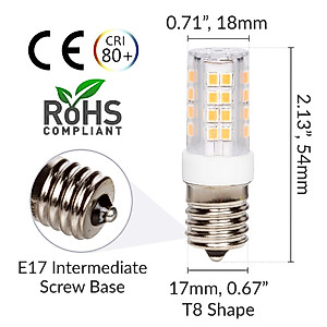 Simba Lighting LED E17 Microwave Appliance Light Bulb (2 Pack) 4W T8 40W Incandescent Replacement for Under Hood, Stove Top, Range, 120V, Intermediate Screw Base, Non-Dimmable, 3000K Soft White