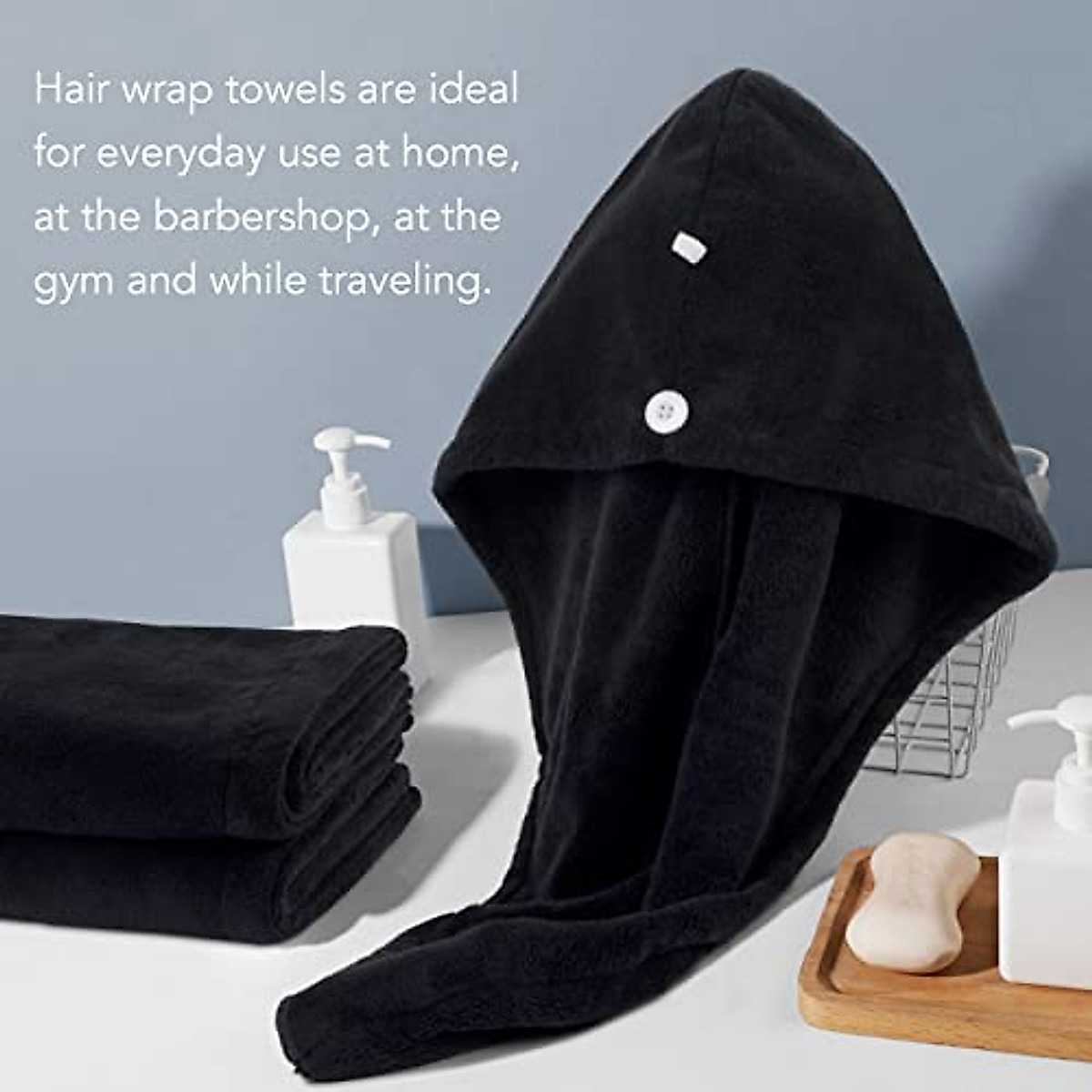 SINLAND Microfiber Hair Drying Cap Hair Towel Turban Twist for Long Hair Fast Drying Towels Head Turban Absorbent Soft Lightweight 3 Pack Black