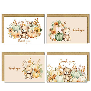 Gooji 4x6 Pumpkin Teddy Bear Thank You Cards with Envelopes Fall Baby Shower Thank You Cards Girl (Bulk 20-Pack) Birthday, Thanksgiving, Woodland,Floral, Boho, Rustic, We Can Bearly Wait