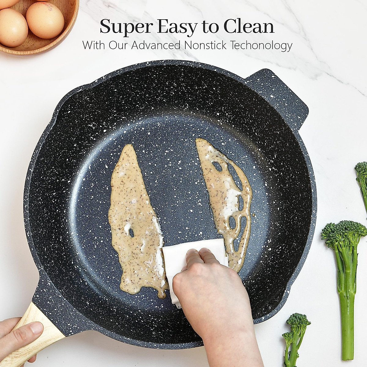 Non Stick Deep Frying Pan with Lid, 12 In / 5.5 Quart Saute Pan with Strainer, Granite Chef Pan Skillet Nonstick for Cooking, 100% PFOA Free Non Toxic Fry Pan for All Stove top Gas Induction