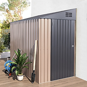 AECOJOY Lean to Storage Shed, 4.2' x 7' Small Metal Side Door Sheds & Outdoor Storage, Outdoor Storage Cabinet for Garden, Backyard, Grey&Light Tan