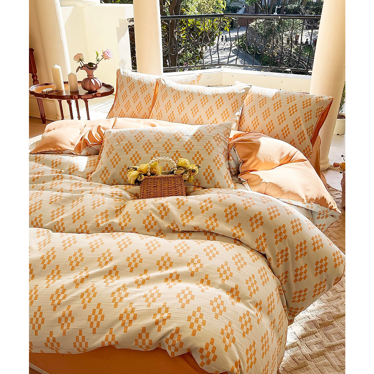 Doimier Duvet Cover Queen Boho, 4 PCS Vintage Bedding Sets, Gingham Patterned Comforter Covers Set with Zipper Closure, Soft Breathable Geometric Orange Rhombus (Diamond Grid, Queen)