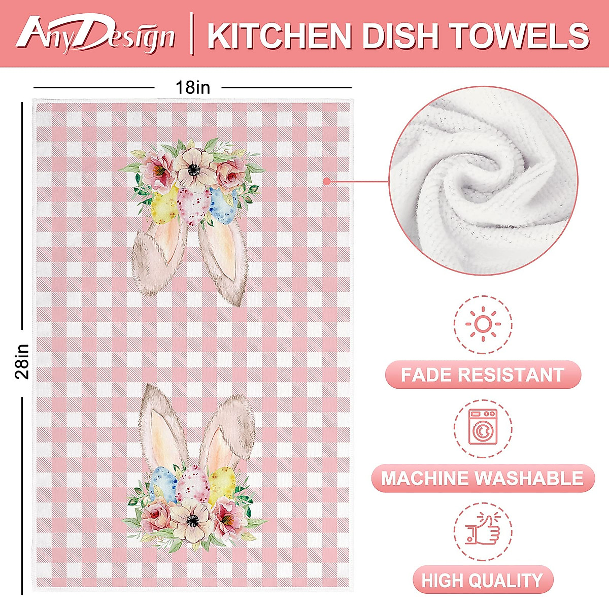 AnyDesign Easter Kitchen Towel Easter Rabbit Bunny Egg Floral Dish Towel Watercolor Pink White Buffalo Plaids Hand Drying Tea Towel for Spring Holiday Cooking Baking Cleaning, 18 x 28, 2 Pack