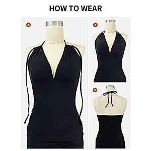 SuperPrity Tankini Bathing Suit for Women with Skirt Bottom Sexy V Neck Self Tie Backless Ruched Swimsuit Tummy Control Swim Tank Top with Shorts-XL,Black