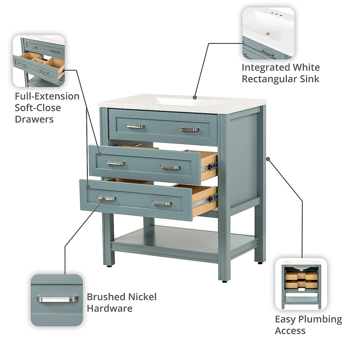Spring Mill Cabinets Eaton Bathroom Vanity with 2 Drawers, Open Shelf, and White Sink Top, 30.25" W x 18.75" D x 35.41" H, Sage