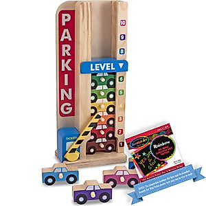 Melissa & Doug Wooden Stack & Count Parking Garage Classic Toy + Free Scratch Art Mini-Pad Bundle [51828]