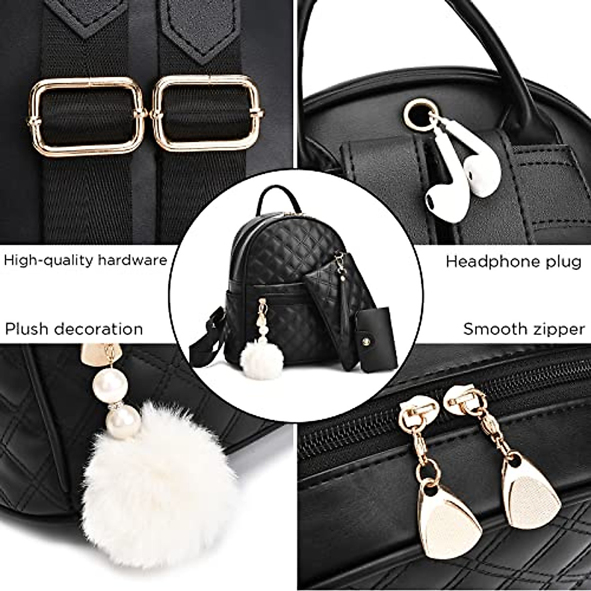 Mini Backpack for Women 3-PCS Fashion PU Leather Simple Design Cute Travel Daypacks Pompom Backpack Shoulder Bag (Grey)