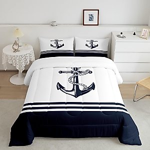 jejeloiu Anchor Decor Comforter Set Queen Size Kids Nautical Themed Comforter for Boys Teens Ocean Coastal Bedding Set Sea Adventure Navy Blue White Duvet Set Room Decor Duvet Set Boys