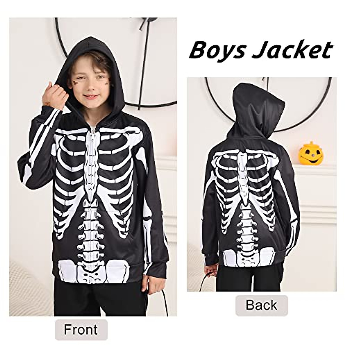 uideazone 12-14 Years Teenage Boys Zipper Hooded Sweatshirts Size 13t Trendy Halloween Skeleton Long Sleeve Zip Up Hoodies Autumn Hoody Coat Tops