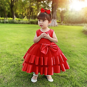 Baby Infant Bowknot Easter Dress Toddler Girls Tutu Gown Ruffles Christmas Formal Party Dresses Frocks (Red,70)