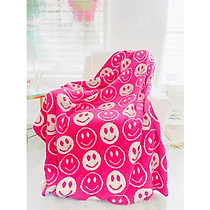 Happy Face Knitted Throw Blankets Reversible Soft Knit Blanket with Two-Toned Cute Pattern Bed Throws Fuzzy Kids Blanket Warm Cozy for Home Couch Sofa (Rosy)
