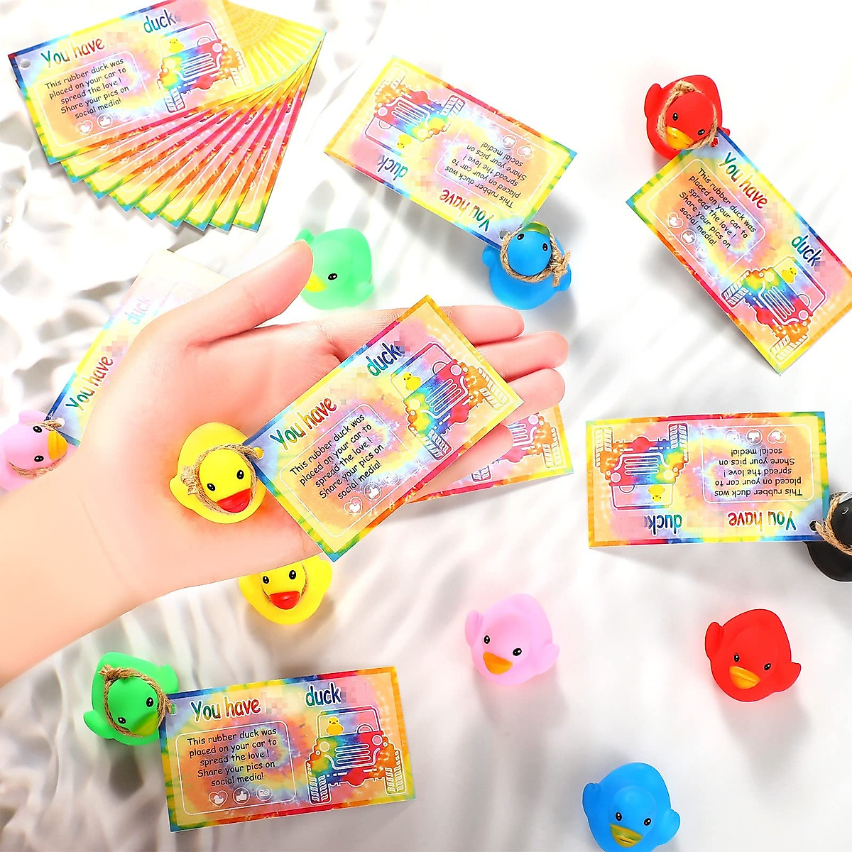 150 Pieces Rubber Ducks and Strings Small Rubber Duck with Duck Tags Mini Rubber Duck for SUV Greeting Card Toy Game Decorations Presents
