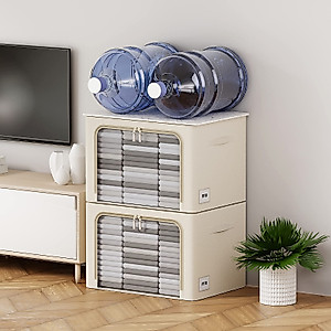 RTONAO 2 Pack Stackable Storage Bins - Foldable Metal Frame Storage Boxes for Clothes Double Zipper Fabric Box Organizer Set with Carrying Handles and Clear Window (100L, Beige)