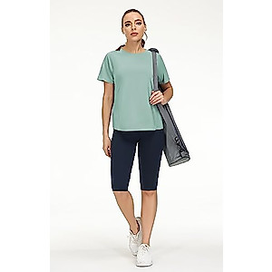 THE GYM PEOPLE Women's Short Sleeve Workout Shirts Breathable Yoga T-Shirts with Side Slits Athletic Tee Tops Light Green