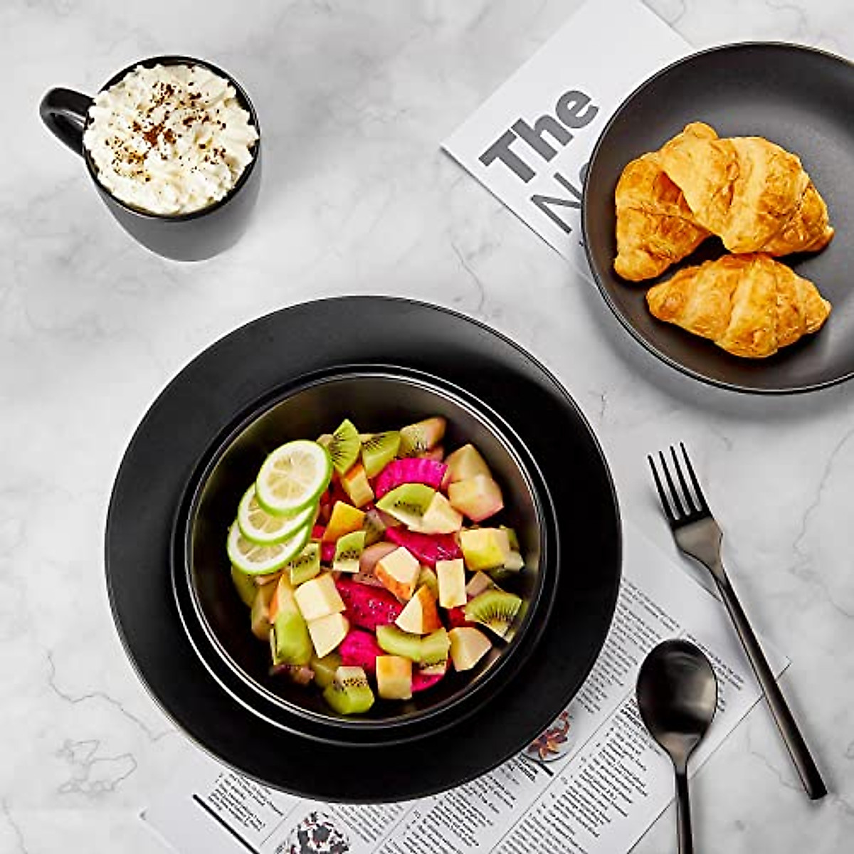 CREATIVELAND Round Stoneware Dinnerware Set Durable Kitchen and Dining,16 Piece Service For 4,Pasta Bowls,Large Salad Bowls,Porcelain Bowl,Wide and Shallow,Microwave and Dishwasher Safe, Matte Black.