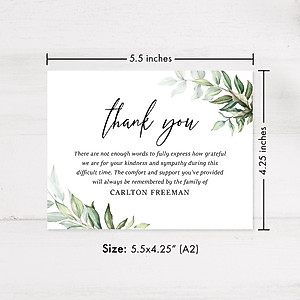 Hello Love Goods Personalized Greenery Funeral Thank You Cards with Envelopes, 5.5x4.25 Flat Sympathy Memorial Cards