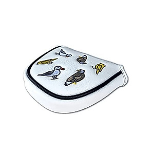 e9 golf Fore The Birds Round Mallet Putter Cover - Synthetic Leather Golf Mallet Putter Headcover - Men & Women Golf Mallet Putter Covers Accessories - Universal Fit Putter Cover - (White)