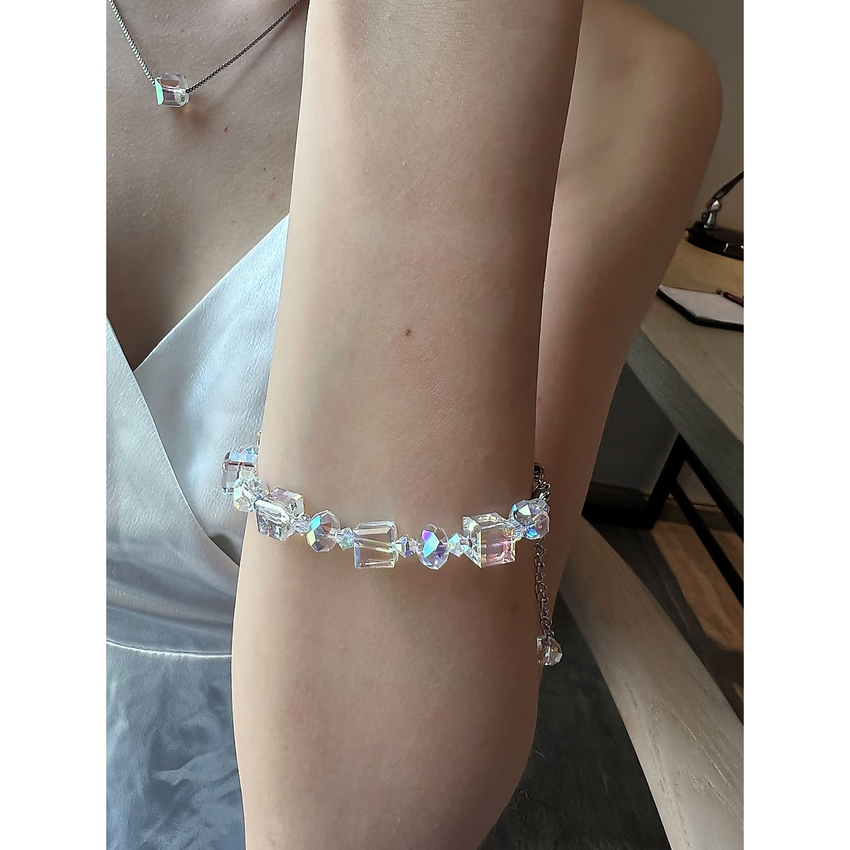 Txibikn 4 Pieces Fashion Colorful Starlight Crystal Rhinstone Pendant Necklace Earring Bracelet Jewelry Set for Women Lady Wedding Birthday Party