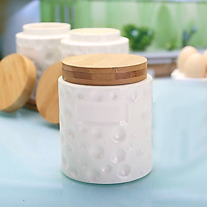DEAYOU 3 Pack Porcelain Food Storage Jars, Ceramic Cookie Small Canister with Bamboo Wood Lid and Label, Coffee Tea Sugar Containers for Kitchen Counter, Serving Spice, Nuts, Salt, White, 20 OZ