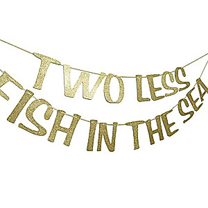Qttier Two Less Fish in The Sea Banner Sign Garland Gold Glitter for Engagement Bridal Shower Wedding Bachelorette Decorations Nautical Theme Decor Photo Booth Props