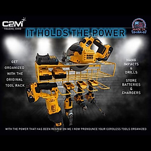 c2M Heavy Duty Floating Tool Shelf & Organizer | Wall Mounted Garage Storage Rack for Handheld & Power Tools | USA Made, 100# Weight Limit, Compact Steel Design | Perfect for Dewalt Tools | Yellow